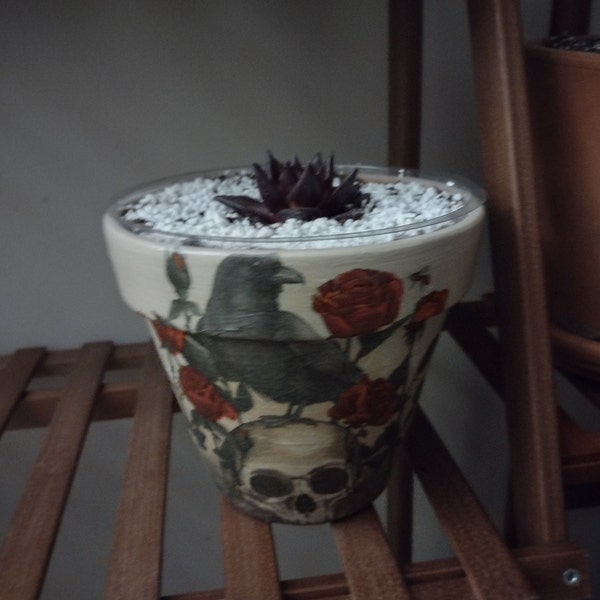 Decoupage Skull Plant Pot: Crow and Roses, Halloween Decor - Etsy