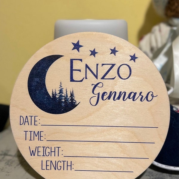 Birth Stat Sign, Round Wood Birth Stat Sign, Moon and Stars Nursery ...