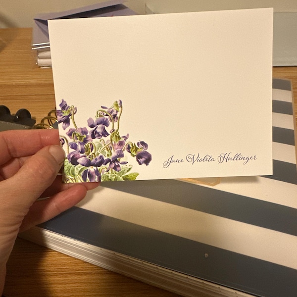 Personalized Flat Note Cards - PURPLE VIOLETS - Floral Stationery ...