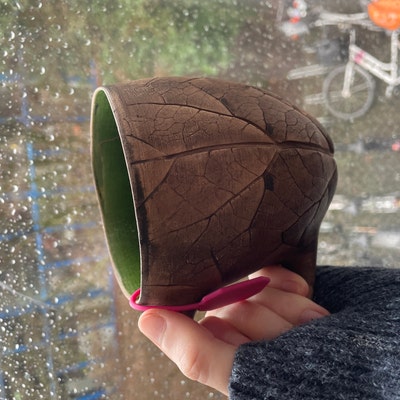 Big Ceramic Coffee Mug With Leaf Impressions Handmade Pottery Mugs ...