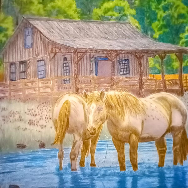 Farm Country Grayscale Coloring Page for Adults, Rustic Covered Wagon ...