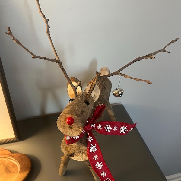 Handmade Rustic Wood Reindeer Christmas Decoration: Twig Antlers, Red ...