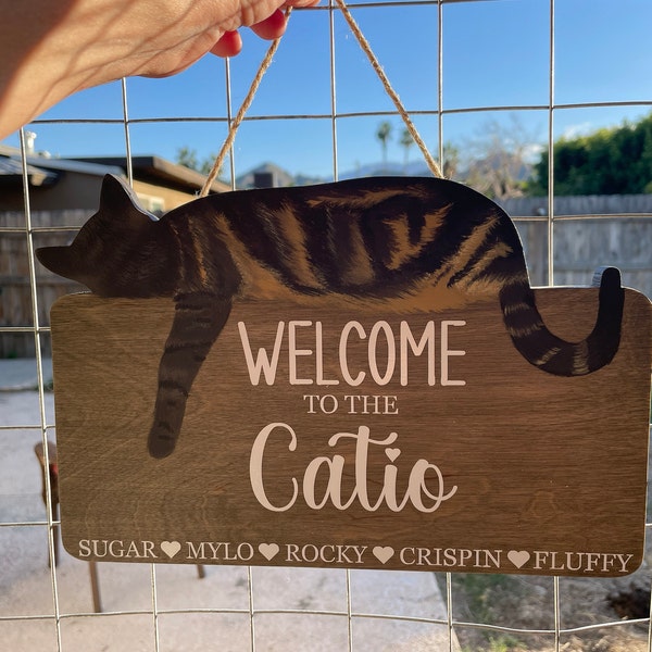 Hand Painted Welcome to the Catio Sign, Wood Cat Shaped Sign, Hanging ...