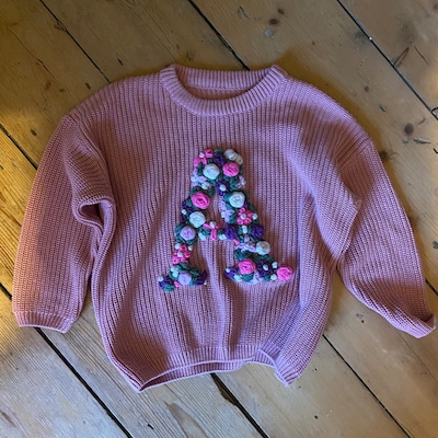 Personalised Childrens Floral Initial Jumper Hand Embroidered Name ...