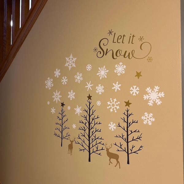 Winter Christmas Trees Set of 3 With Star, 2 Deer, Snowflakes Holiday ...
