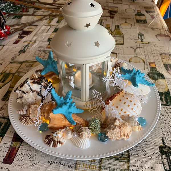 Tall Wood Lighthouse Centerpiece W/ Shells, Slate Blue Starfish ...
