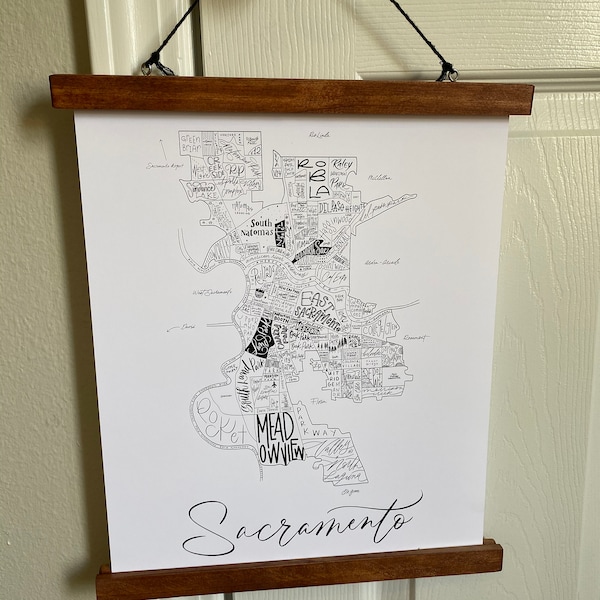 Sacramento, CA Neighborhood Map Print - Hand Lettered - Map of ...