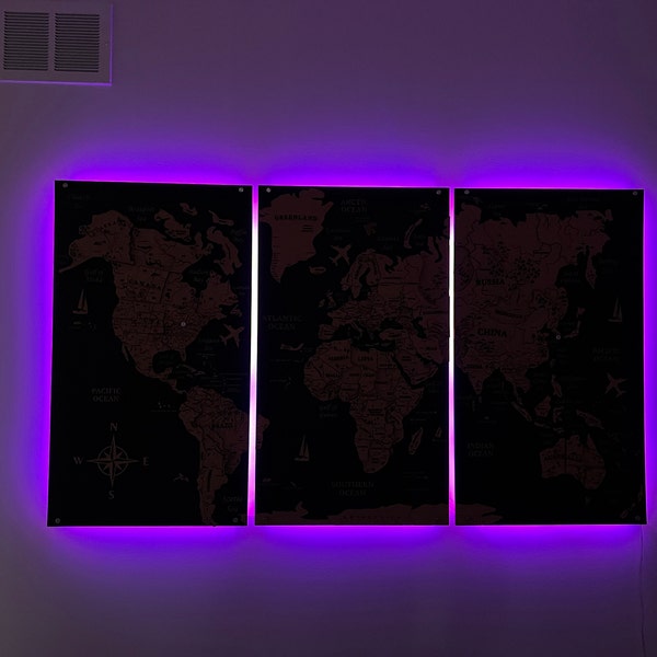 Led World Map Wall Art, Large World Map Push Pin, 3d Wood World Map ...