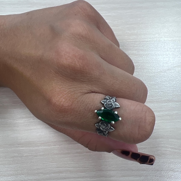 Emerald Rose Leaf 925 Silver Marquise Ring, Flower Emerald Ring, Green Stone Silver Ring ...