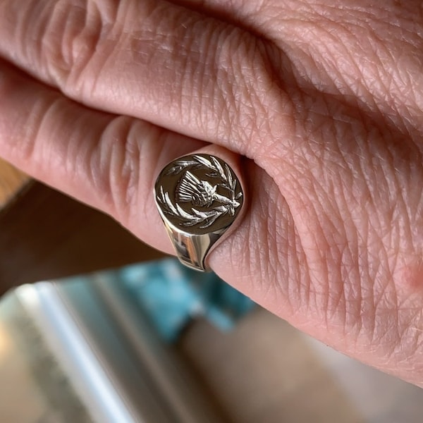 Scottish Thistle Silver Signet Ring for Men | Heavyweight Oval | Rugby ...