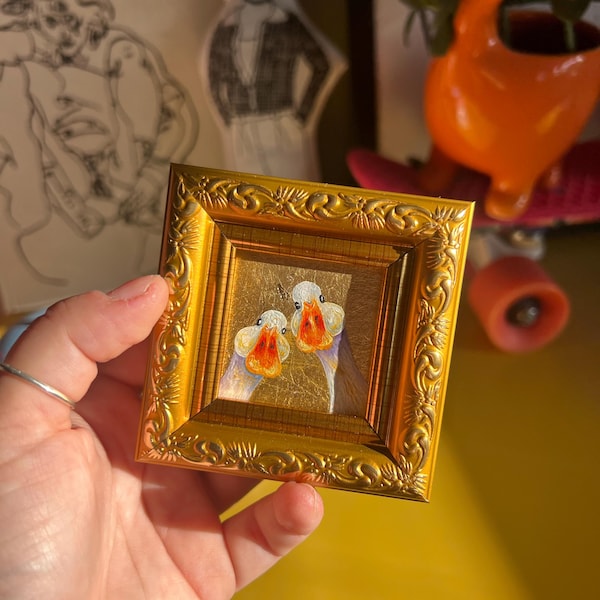 Hand-painted Goose Oil Painting With Gold Leaf, Miniature Framed ...