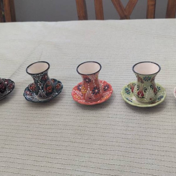 Turkish Ceramic Tea Cups Set of 6 Blue Handpainted Pottery, Lead Free ...