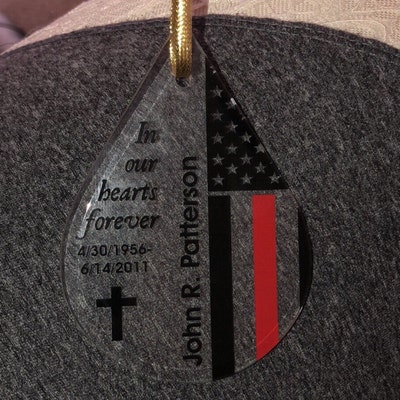 Fire Department Flag Memorial Tear Drop Personalized Glass Ornament ...