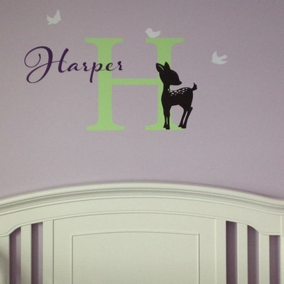 Fawn Decal With Custom Initial Name and Birds Deer Wall - Etsy