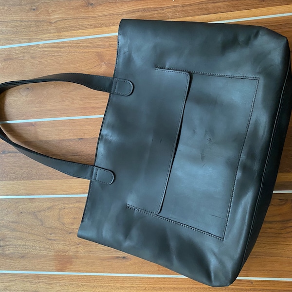 Extra LARGE Leather TOTE Bag With Pockets and ZIPPER / Black ...