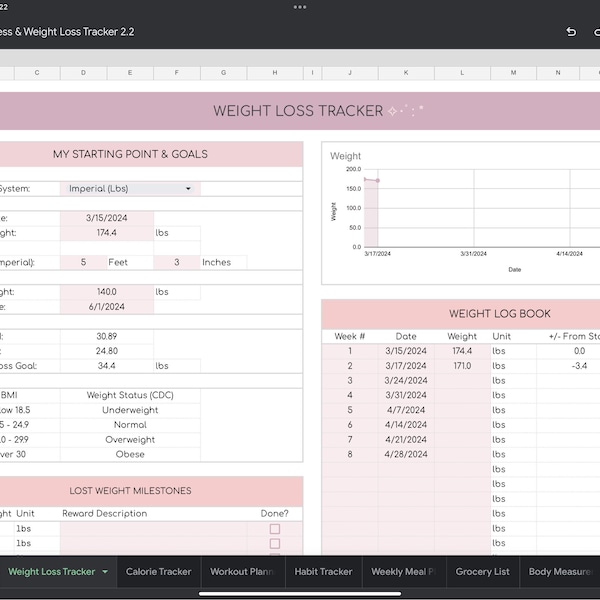 Weight Loss & Fitness Tracker | Google Sheets | Calorie Tracker | Meal ...