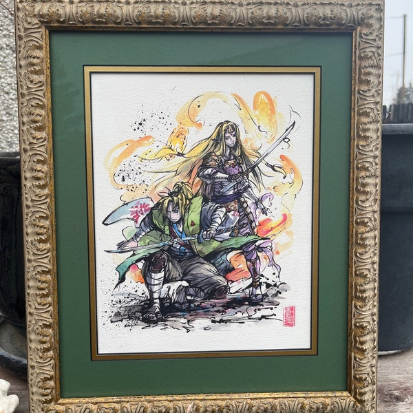 PRINT 8"x10" of Link and Zelda Samurai Style Sumi Ink and Watercolor - Etsy