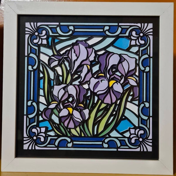 Blue Iris Stained Glass Shadow Box Svg, Blue Iris Stained Glass 3D Box ...