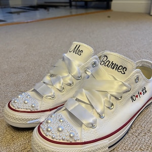 Pearl Toe Wedding Sneaker, Ribbon Laces, Bling, Bride Shoes, Wedding ...