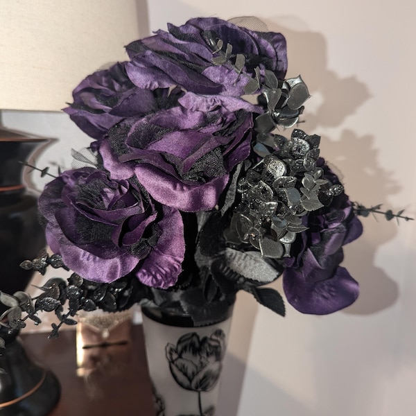 Purple & Black Rose Bush With Eucalyptus – Gothic Halloween Floral Stem ...