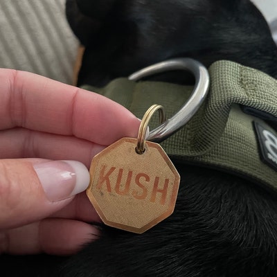 Engraved Dog Name Tag, Handmade Brass Octagon ID Tag - Etsy UK