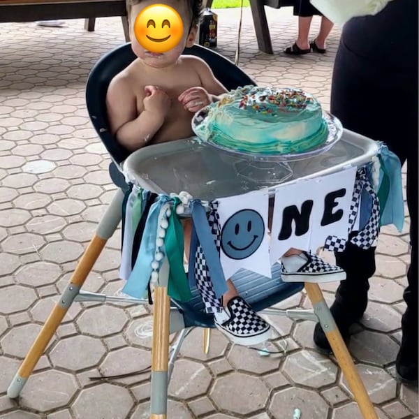 Blue One Happy Dude High Chair Banner, First Birthday Boy Decor, One ...