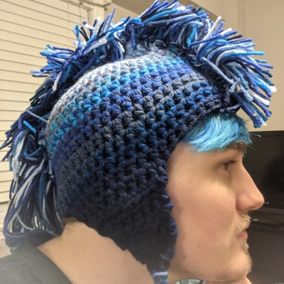 Blue Ombre Mohawk Hat Extreme Style Boyfriend Gift Warm Winter Trapper ...