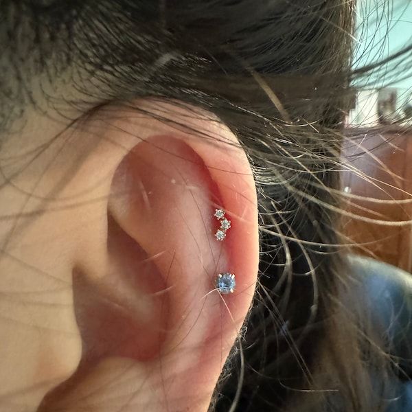 14k Solid Gold Three Stone Cartilage Piercing Dainty Stud Earring Helix ...