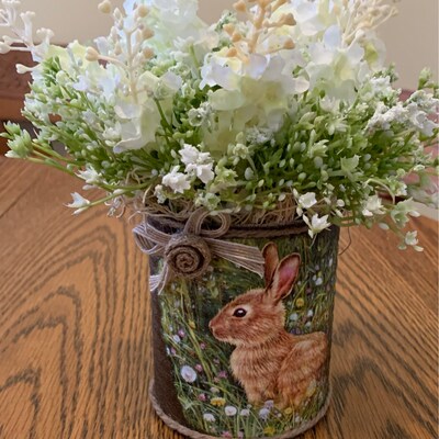 Tin Can Pocket Posey, Crushed Tin Can Decor, Primitive Tin Wall Pocket ...