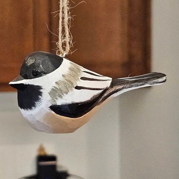 Chickadee Hanging Christmas Ornaments Wooden Hand Carved Painted Bird ...