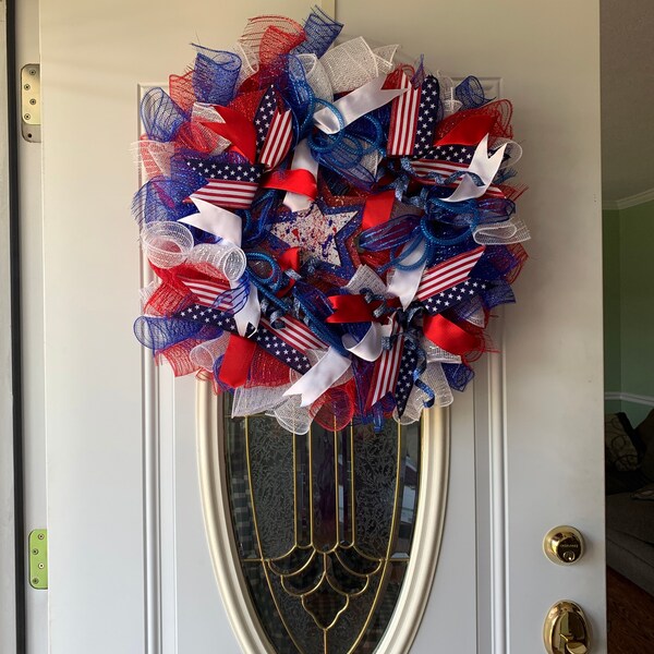 Patriotic Deco Mesh Wreath/labor Day Wreath/red, White and Blue Deco ...