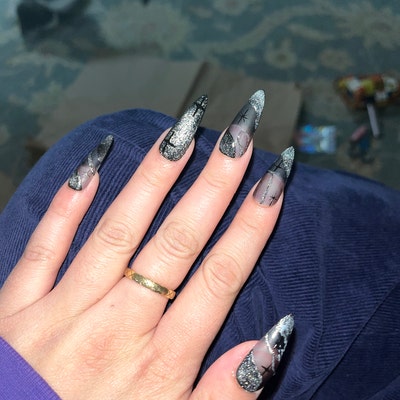 Black Stars Press on Nails, Black Coffin Nails, Custom Fake Nails, Handpainted False Nails ...