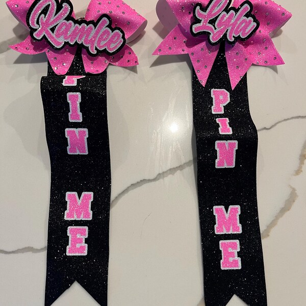 Pin Me Bag Tag Neon Pink With Rhinestones Pin Me Bow Cheer Pins Cheer ...
