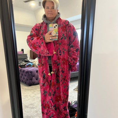 Pink Bird Velvet Banyan Fabric Kimono Cotton Velvet Robe Long, Original ...
