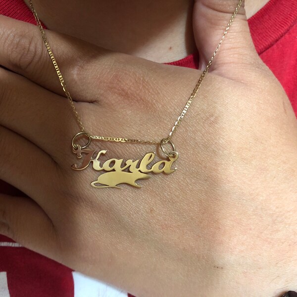 Solid Gold, Heart Name Necklace, Nameplate, Diamond Cut, 14K Solid Gold ...
