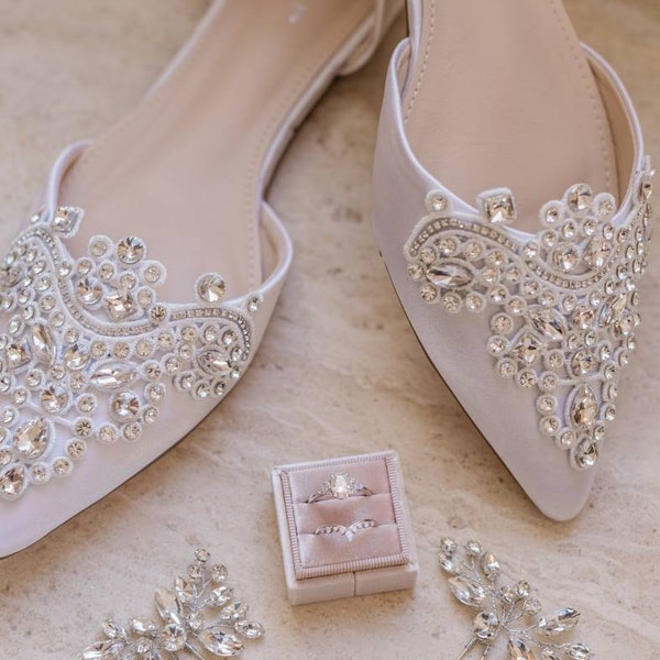 White Satin Pointy Toe Flats With Sparkly RHINESTONES APPLIQUE , Women ...