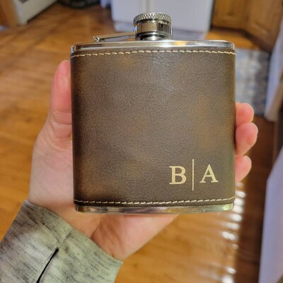 Groomsmen Gift, Personalized Flask Set for Men, Rustic Brown Leather ...