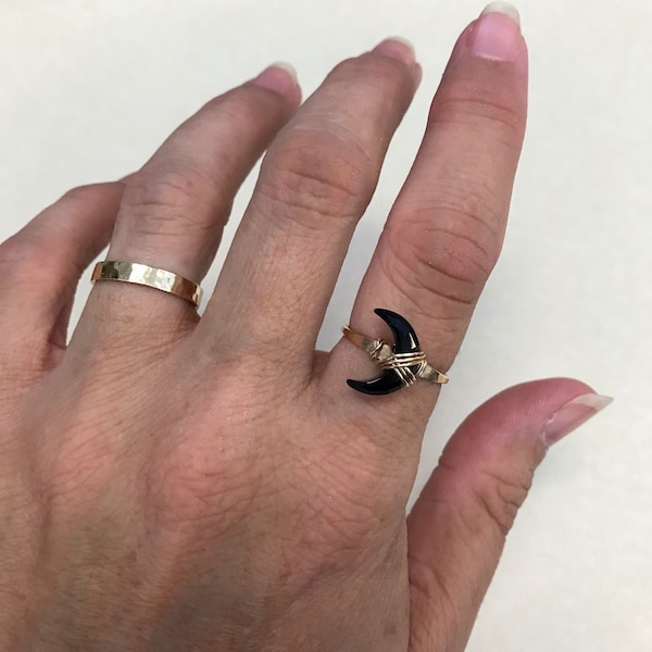 Moon Ring in Gold, Crescent Black Agate Stone, Wire Wrapped Bohemian ...