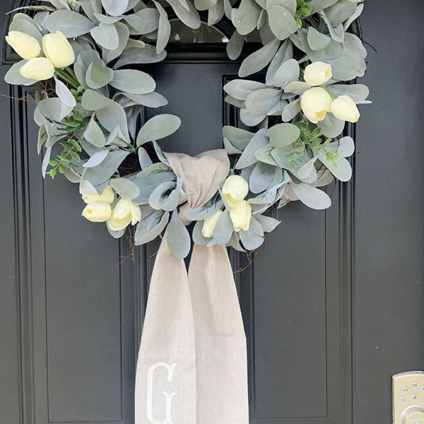 Monogrammed Wreath Sash Customized Wreath Sash Tan Initial Wreath Sash Personalized Gift ...