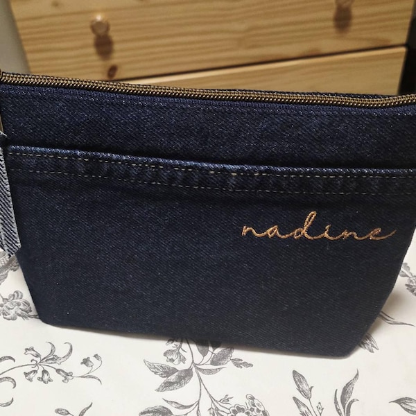 Personalized Upcycled Denim Zipper Pouch: Embroidered Makeup Bag Made ...