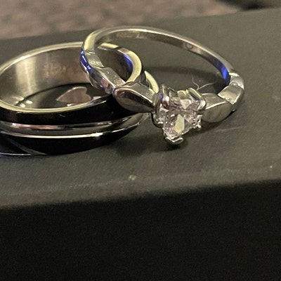 Black Couples Engraved Promise Ring Set Diamond Heart Ring Set Matching ...