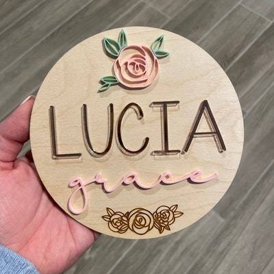 Rose Baby Girl Name Sign Floral Wood Name Sign 3D Name Announcement ...