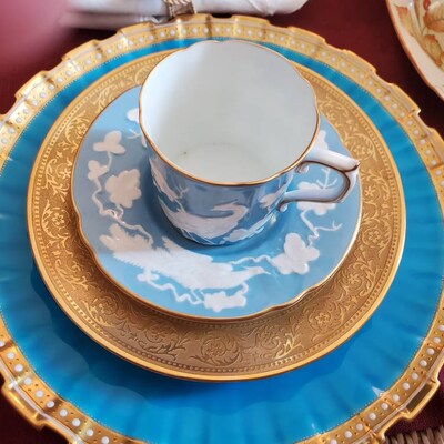 14pc French Limoges Aqua Dinnerware Service for 7 W Floral Panels and ...