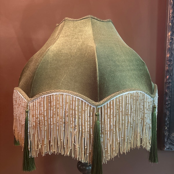 Green Velvet Fringed Lamp Shades +copper Lamp Base, Vintage Lampshade ...