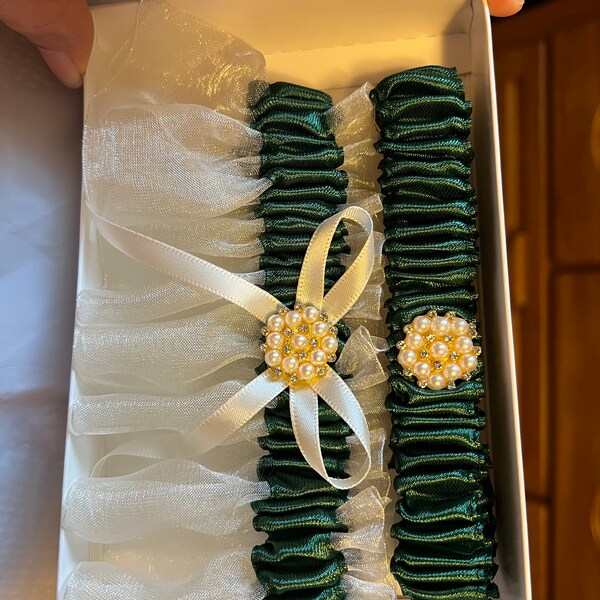 Emerald Dark Green Wedding Garter Set, Ivory Organza Bridal Garter Set ...