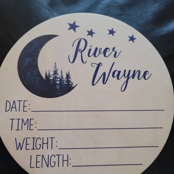 Birth Stat Sign, Round Wood Birth Stat Sign, Moon and Stars Nursery ...