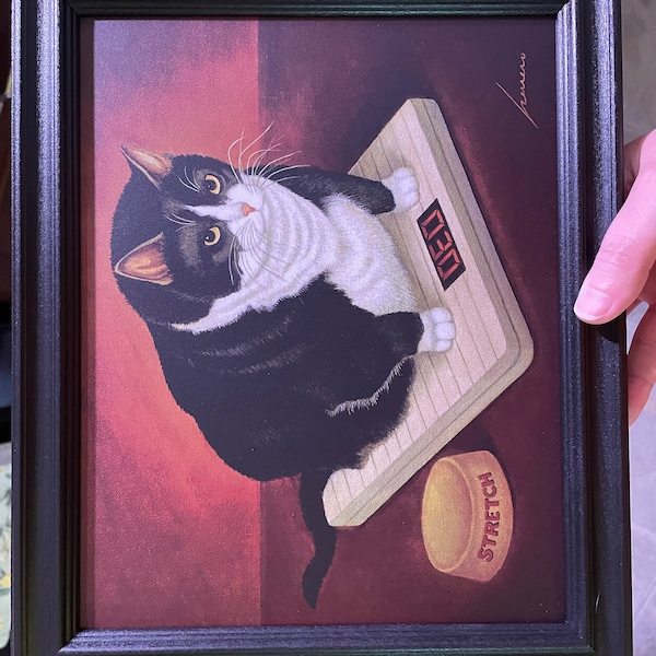 Cute, Funny, Fat Cat on Scale Weighing Himself, Framed Picture, Wall ...