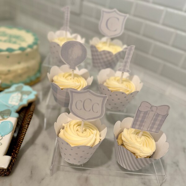 Watercolor Blue ONE, Balloon & Crest Monogram Cupcake Toppers ...