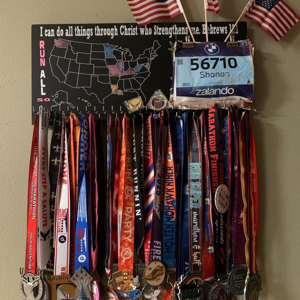 50 States Medal Holder With Race Bib Holder Clips and 50 Hooks on ...