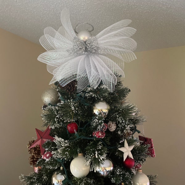 Deco Mesh Angel Tree Topper Ornament Silver Wreath Elegant Wreath ...